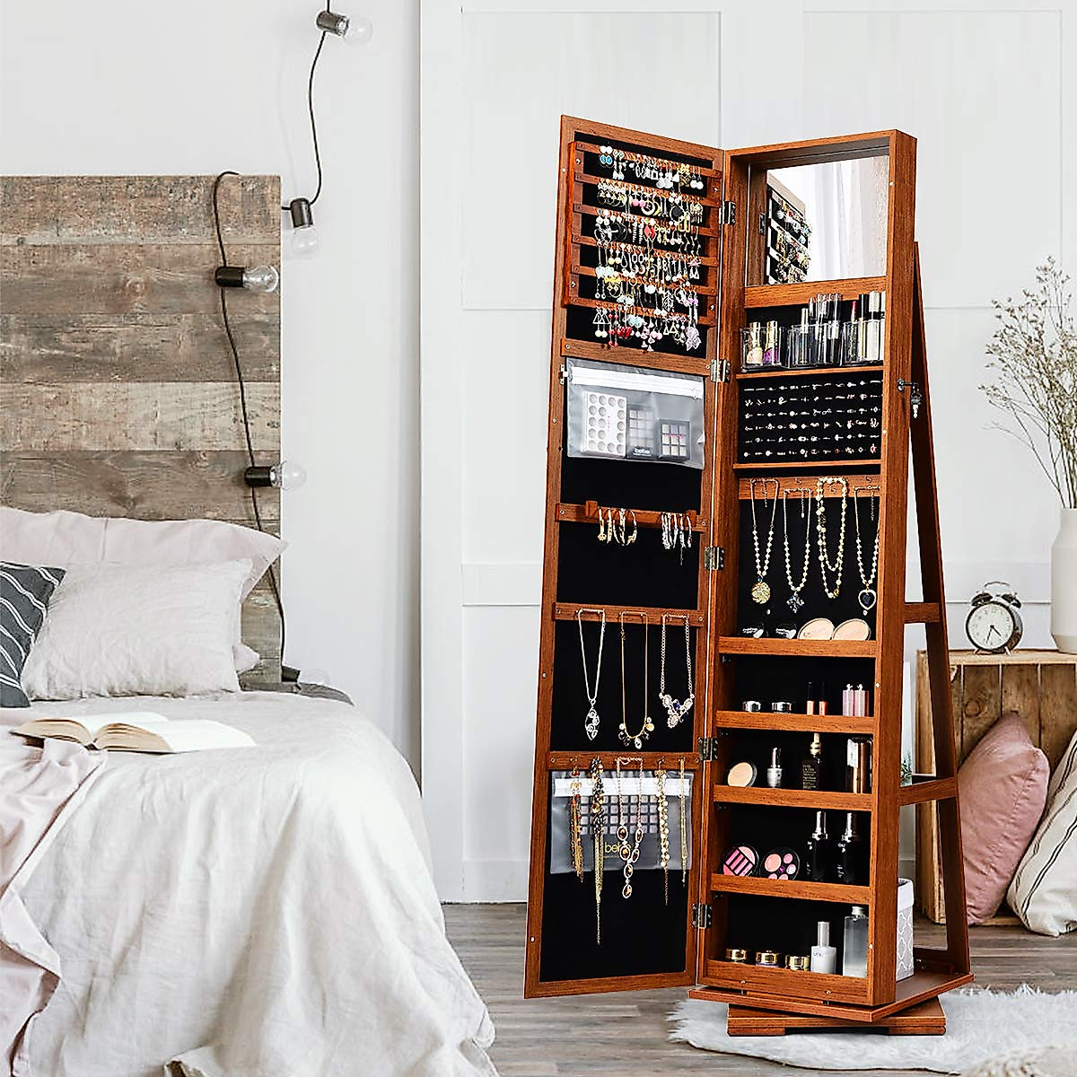 CHARMAID 360° Swivel Jewelry Armoire with Higher Full Length Mirror, Standing Lockable Jewelry Cabinet Organizer with Large Storage Capacity, Inside Makeup Mirror, Back Storage Shelves (Walnut)