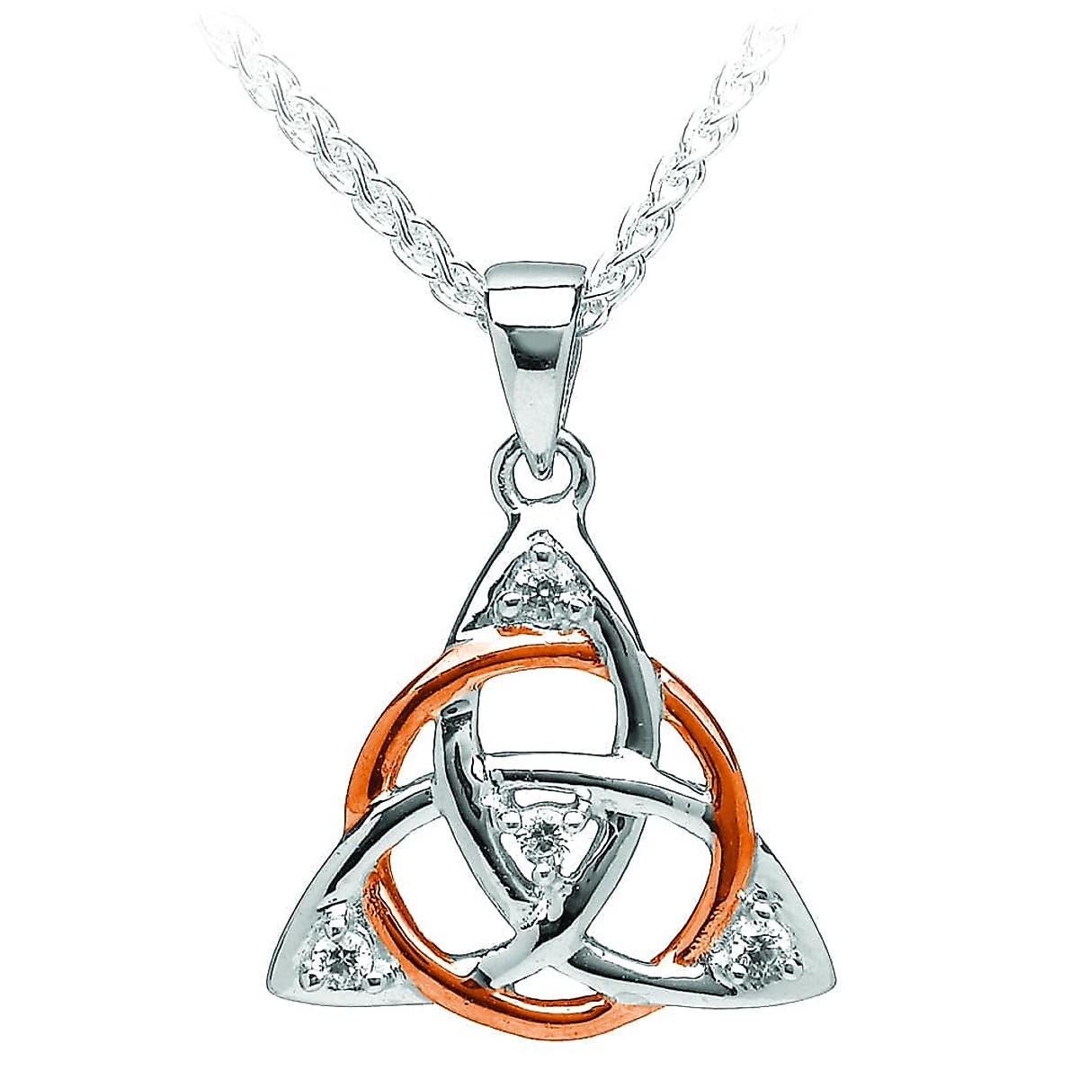 Biddy Murphy 925 Sterling Silver Celtic Trinity Knot Necklace for Women, 10k Rose Gold, Brilliant CZ Cubic Zirconia Inlay, Good Luck Pendant, Fine Traditional Jewelry, Made in Ireland