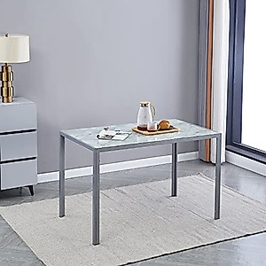 Paonne Gray Marble Dining Table Rectangular, Gray Kitchen Table with Tempered Glass Tabletop and Metal Frame, Glass Dining Table for Restaurant and Apartment (45.3" * 27.5" * 29.5")