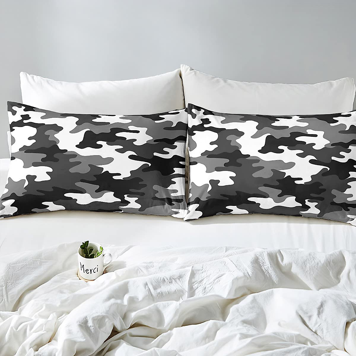 Army Camo Bedding Set, Black and Gray Military Style Camouflage Comforter Cover for Adult Boys Teens Abstract Art Pixel Design Duvet Cover, Soft Microfiber Durable Bedding Collection, Full Size