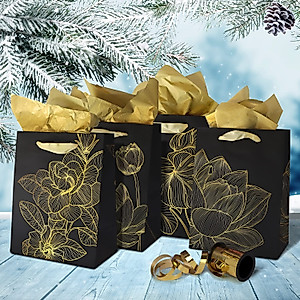 Homeadow Bags - 4 Pcs Assorted Gift Bags, Medium Size (9"x7") - Assorted with 4 Different Designs, Laminated Cardboard, Gold Foil, includes 8 tissue papers - Black w Golden Flowers