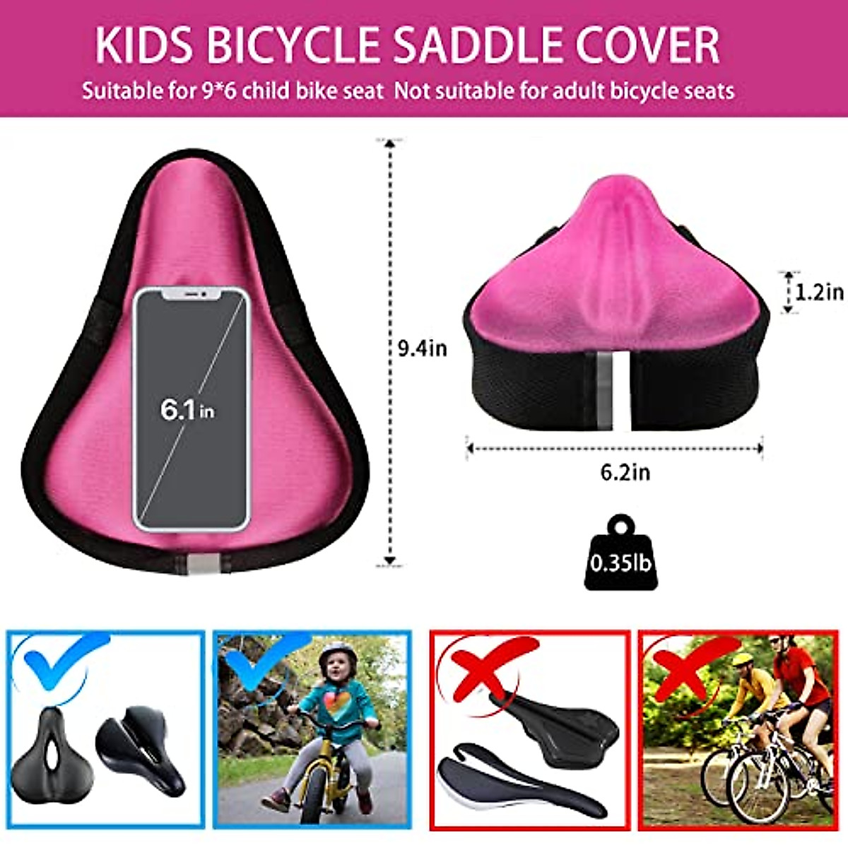 TOMDLING Kids Gel Bike Seat Cushion Cover, Breathable Memory Foam Child Bike Seat Cover, Seat Cushion for Children's Bicycle, with Water and Dust Resistant Cover, 9"x6" (Pink)