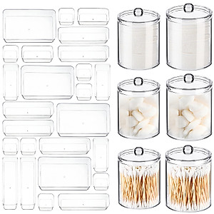 Teenyyou 30 Pcs Clear Plastic Drawer Organizer Set Include 10oz 12oz Cotton Swab Ball Holder 24 Pcs Stackable Desk Drawer Organizer Trays for Makeup