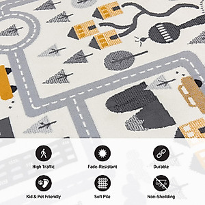 Rugshop Kids Play Road Rug for Playroom,Kidsoom,Nursery Room Interactive Cityscape for Cars and Toys Indoor Soft Runner Rug 2'x7' Cream