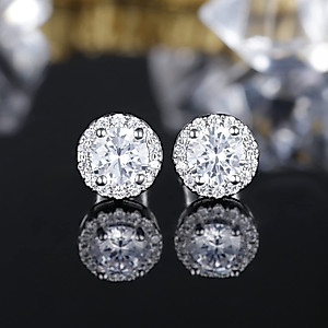 Cubic Zirconia Halo Earrings for Women Men 18K White Gold Plated Simulated Diamond Hypoallergenic for Sensitve Ears Piercing CZ Studs