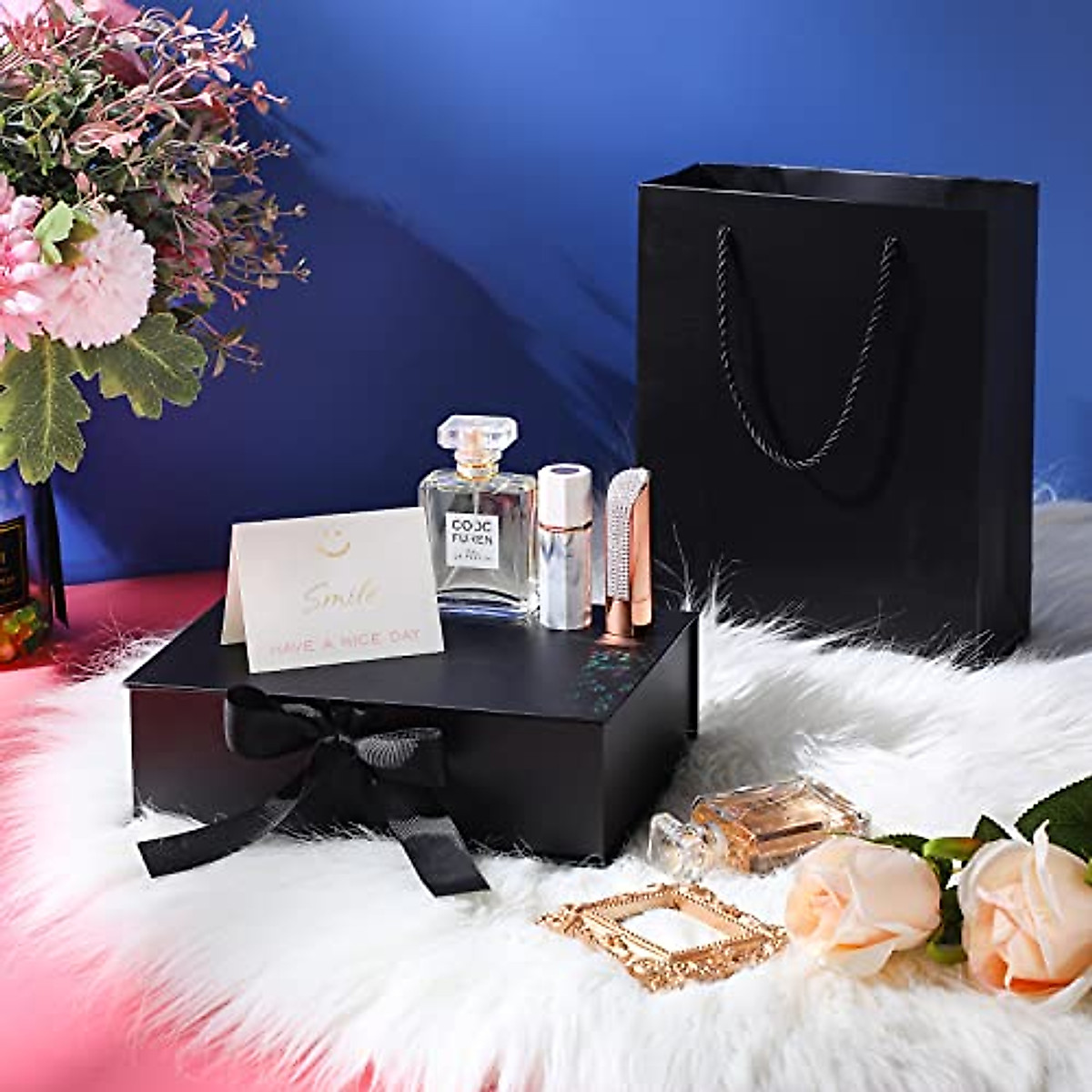 Zonon Luxury Gift Box with Lids Changeable Ribbon, Paper Bags, a Greeting Card and Tissue Paper Luxury Packaging Box Set for Weddings, Graduations, Birthdays, Anniversaries (Black, 9 x 7 x 3 Inch)