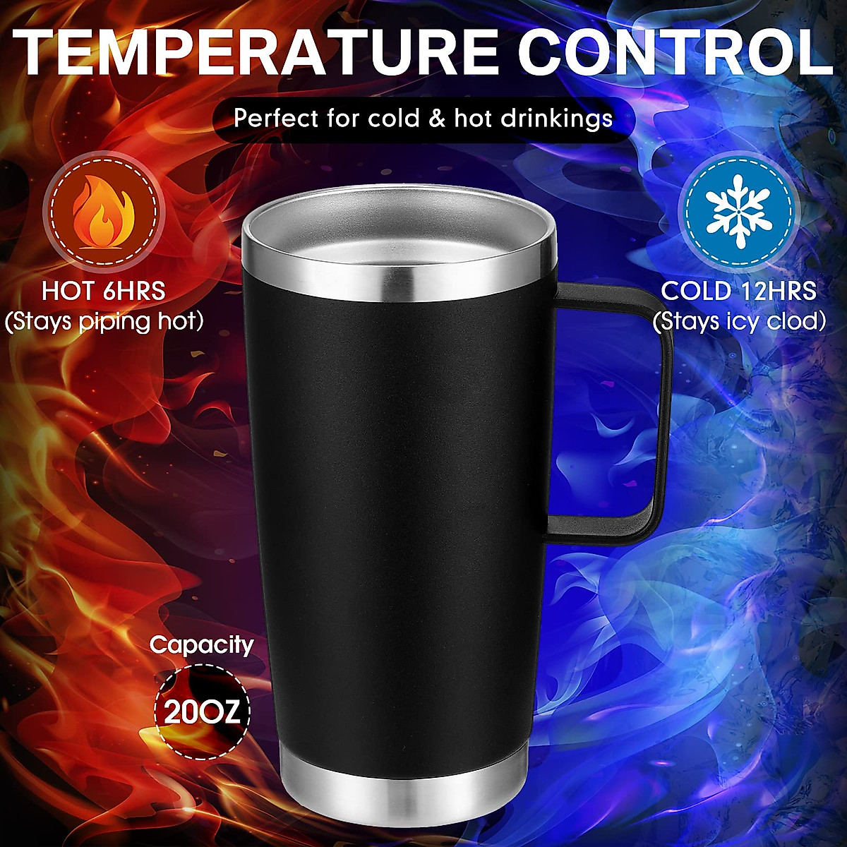 4 Pcs 20 oz Tumbler Mug with Lid and Straw, Insulated Travel Coffee Mug with Handle, Double Wall Vacuum Travel Mug Stainless Steel Sublimation Tumbler Thermal Cups, Black, Blue, White, Red