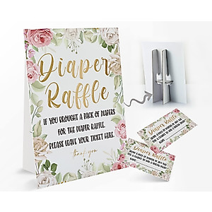Diaper Raffle Cards with Sign(Sign 8x10 Inch), Leafy Floral Theme Baby Shower Games, Baby Showers Decorations -1 Standing Sign + 50 Guessing Cards(raffle16)