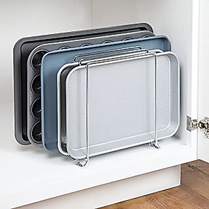 mDesign X-Large Steel Storage Tray Organizer Rack for Kitchen Cabinet - Divided Holder with 5 Slots for Skillets, Frying Pan, Pot Lids, Cutting Board, Baking Sheets - Concerto Collection - Chrome 7.2 inch D x 9.4 inch W x 10.9 inch H