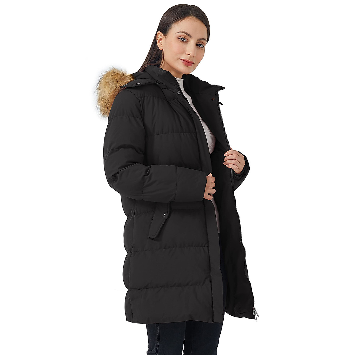 WenVen Women's Winter Thicken Puffer Coat with Fur Removable Hood (Black, 2XL)