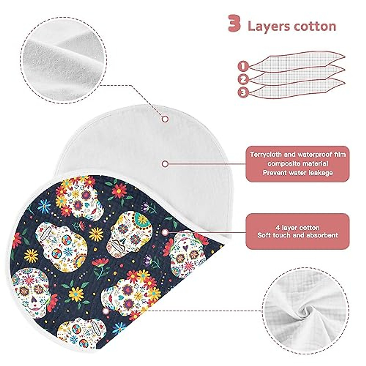 YYZZH Mexican Sugar Skull Flower Muslin Burp Cloths for Baby 4 Pack Soft 100% Cotton Baby Washcloths Bibs for Boy Girl