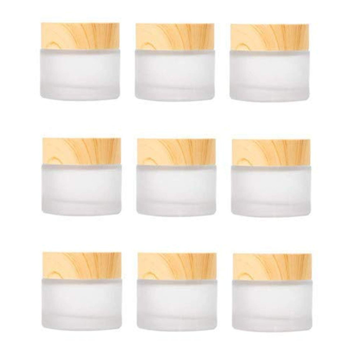 Healthcom 10 Pack 10 Grams/10 ML Empty Jars Round Frosted Glass Cosmetic Cream Jar Bottle with Wood Grain Lid Cosmetic Containers Refillable Glass Face Cream Box Pot for Makeup Lip Balms Eyeshadow