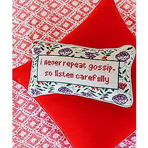 Furbish Handmade Needlepoint Decorative Throw Pillow - I Never Repeat Gossip - 8" x 14" - Small Embroidered Accent Pillow for Bed, Chair, Couch, Sofa - Aesthetic Preppy Home Decor