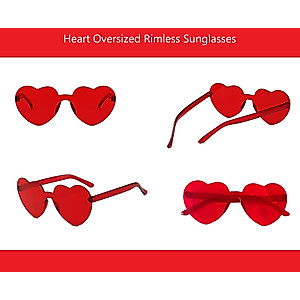 JFTOWN 8 Pairs Heart Shape Rimless Valentines Sunglasses Candy Color Frameless One Piece Love Glasses for Women Party Favor (Red)