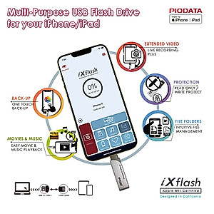 PioData iXflash 64GB iPhone iPad Flash Drive USB 3.0 Apple MFi Certified Lightning Connector, External Storage Memory Expansion for iOS Devices, Windows and Mac, Gray,(IXF-64-SG