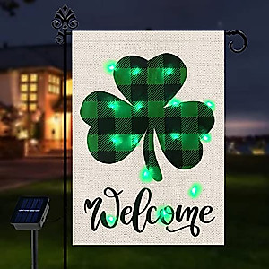 St Patricks Day Garden Flag Shamrock LED Lighted Welcome Buffalo Plaid Yard Outdoor Decoration Vertical Double Sized Burlap Spring Holiday Decor 12.5 x 18 Inch
