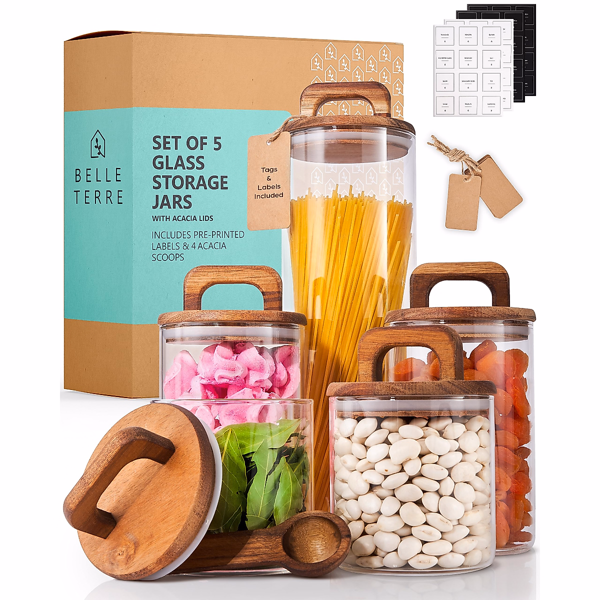 BELLE TERRE Premium Glass Jar Set - 5 Canisters with Airtight Natural Acacia Lids, Custom Labels & Spoons - Food Storage Containers & Pantry Organization - 17oz, 34oz, 68oz - Transparent, Durable