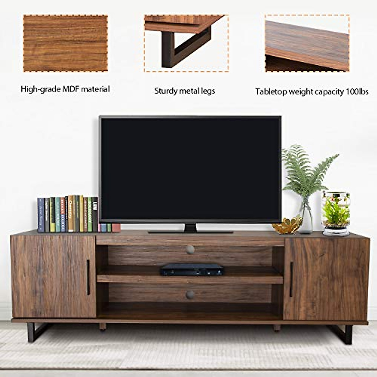 Pellebant 60 Inch TV Stand Media Console Table with Storage Shelves, Mid-Century Modern Entertainment Centre for Flat Screen TV, Gaming Consoles in Living Room, Entertainment Room, Office, Brown