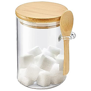 KOIKEY Sugar Jar Glass Salt Container - 15oz Clear Airtight Caning with Bamboo Lid and Spoon Scoop, Storage Overnight Oats, Salts, Coffee Bean, Spice, Creamer, Food Organizer, Pack of 1
