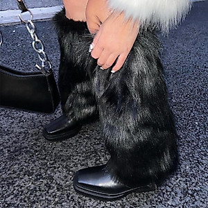 OSPNIEEK Fur Leg Warmers, Furry Leg Warmers for Womens, Faux Fluffy Leg Warmer, Soft Fuzzy Leg Warmer Boot Cuffs Covers for Winter Warm, Christmas, Halloween, Cosplay Party (Black)
