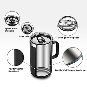 KXIAOCHEN 20oz Insulated Coffee Mug with Lid, Stainless Steel Coffee Cup, Double Wall Vacuum Coffee Tumbler with Handle, Premium Thermal Travel Coffee Mug (Black)