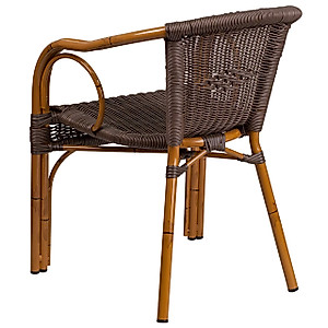 EMMA + OLIVER Dark Brown Rattan Patio Chair with Red Bamboo-Aluminum Frame