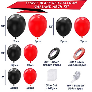 YAOWKY Red and Black Balloons Garland Arch Kit,115pcs Latex Black and Red Party Balloons Arch for Graduation, Baby Shower, Birthday, Wedding, BBQ Casino, Prom Party, New Years Eve Party Decorations