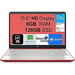 2022 Newest HP 15 15.6” HD Display Laptop Notebook, Intel Pentium Quad-Core N5000(Up to 2.7GHz), 8GB DDR4 RAM, 128GB SSD, 1-Year Office 365, HDMI, USB-C, WiFi, Webcam, Win10, Scarlet Red +JVQ MP