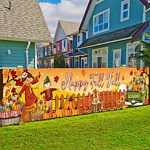 Fall Y'all Party Banner Happy Fall Decorations Outdoor Polyester Scarecrow Fall Leaves Fall Garden Sign for Home Front Porch Yard Sign Thanksgiving Decorations Fall Party Supplies