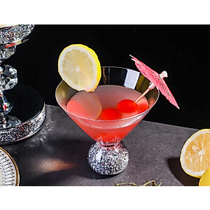 Dounx Set of 4 Stemless Martini Glasses, 8oz Margarita Glasses for Men and Women, Ultra-Thin Rim, Lead-Free Glass, Silver Rhinestone-Filled Spherical Base, Reusable