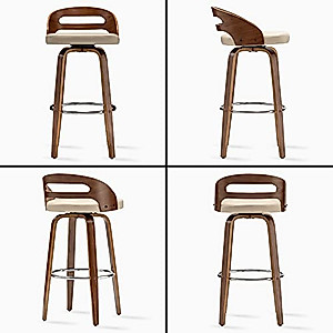 Bar Stools Set of 2, Swivel Bar Height Stools with Walnut Bentwood, Low Back, Upholstered Faux Leather, Soft Cushion Seat, Mid Century Bar Stools for Kitchen/Island/Counter (Beige, 25" Seat Height)