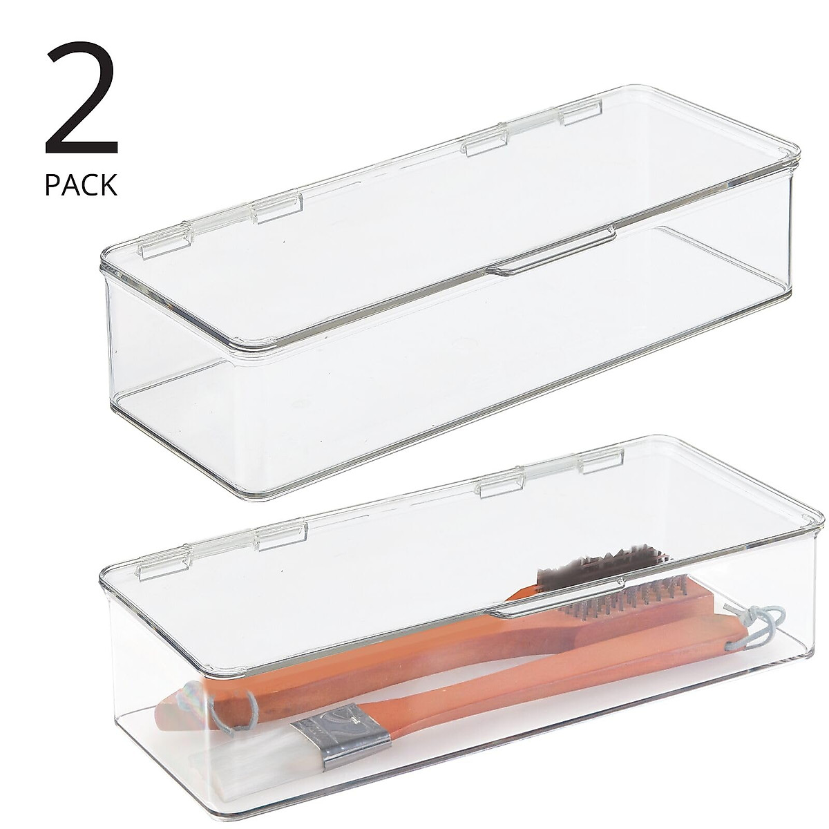 mDesign Long Plastic Kitchen Pantry/Fridge Storage Organizer Box Containers with Hinge Lid for Shelves or Cabinets, Holds Food, Snacks, Seasoning, Condiments, Flatware, Utensils, 2 Pack, Clear