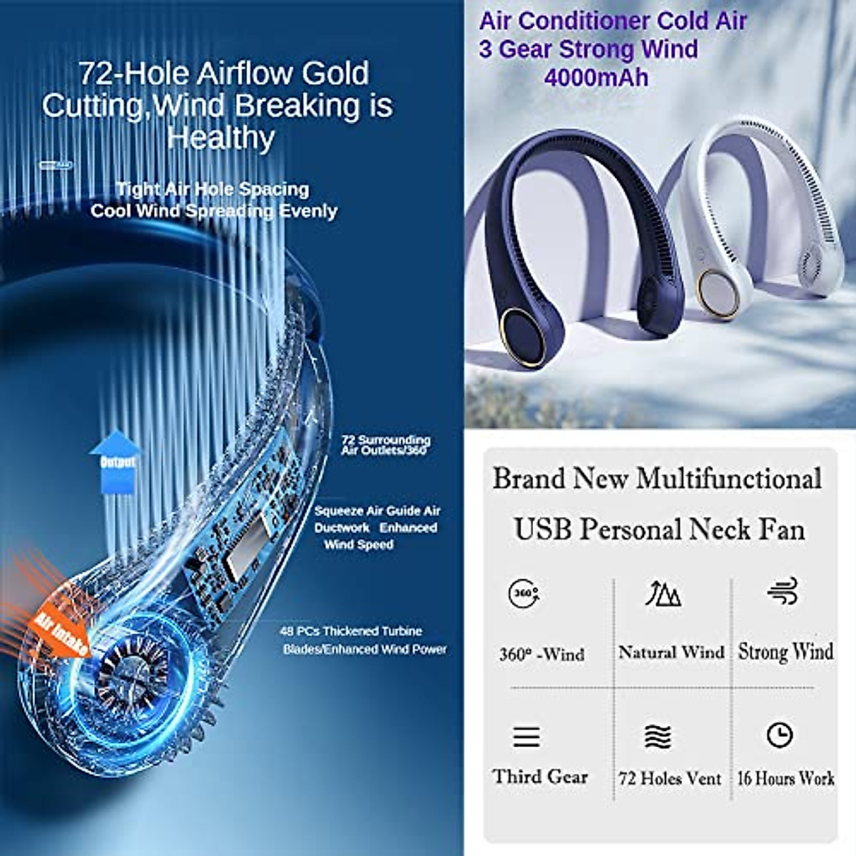 UJAY Neck Fan,4000mAh Personal Portable Bladeless Cooling Fan,USB Rechargeable Fan,360° Surround Wind,3-Speed Strong Wind, Low Noise,Non-Slip Silicone,Suitable for Outdoor,Shopping,Travel,Camping