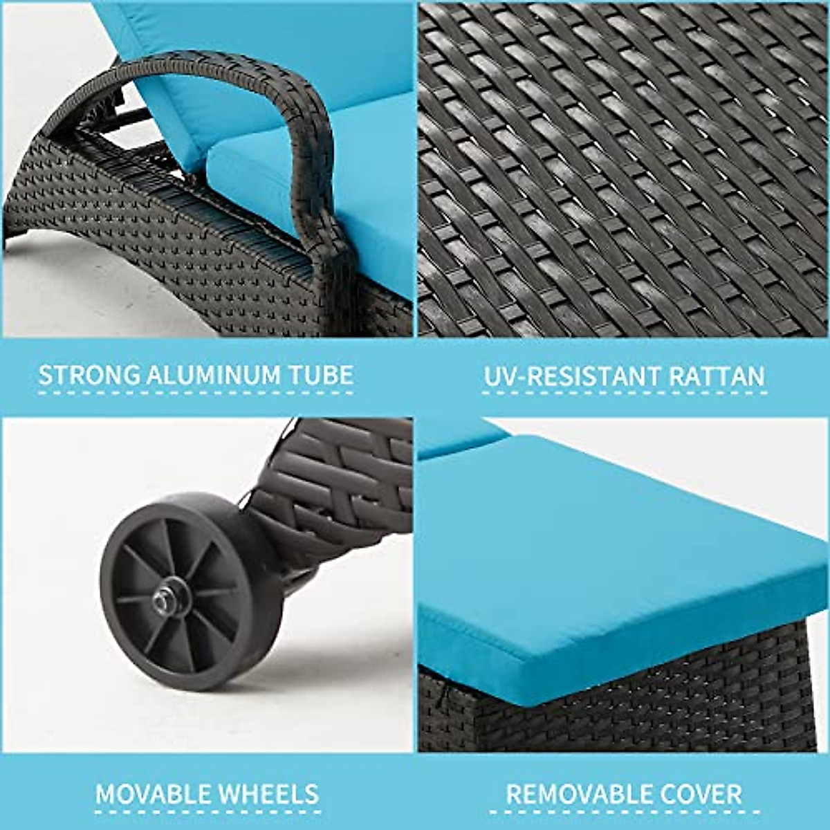 RYNSTO Patio Chaise Lounge 2 Sets with 5 Backrest Angles, Single Adjustable Patio Wicker Lounge Chair with Water Repellent Cushion and Wheels for Poolside Backyard Deck Porch Garden, Blue