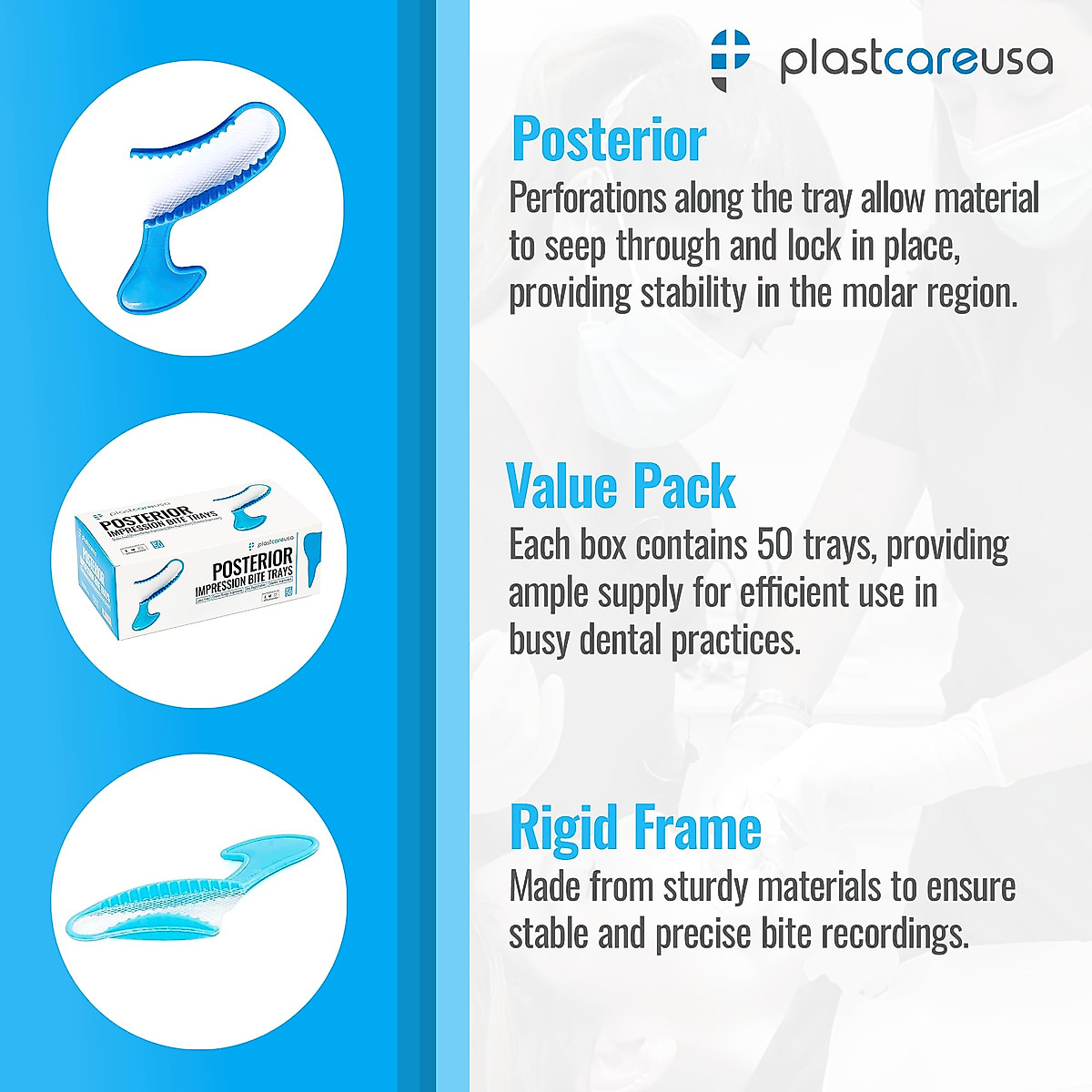 50 Posterior Blue Disposable Dental Bite Registration Trays, Impression Trays for Teeth Molds, 1 Box of 50 Bite Trays