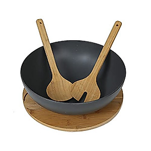 Webbylee Large Salad Serving Bowls with Tongs, Mixing Bowl with Servers with Nature Bamboo Lid Spoon and Fork for Salads, Fruits and Vegetables, Dishwasher Safe, BPA free (Dark grey)