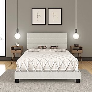 Boyd Sleep Ravenna Upholstered Platform Bed Frame Mattress Foundation with Tri-Panel Headboard and Strong Wood Slat Supports: Linen, White, Full
