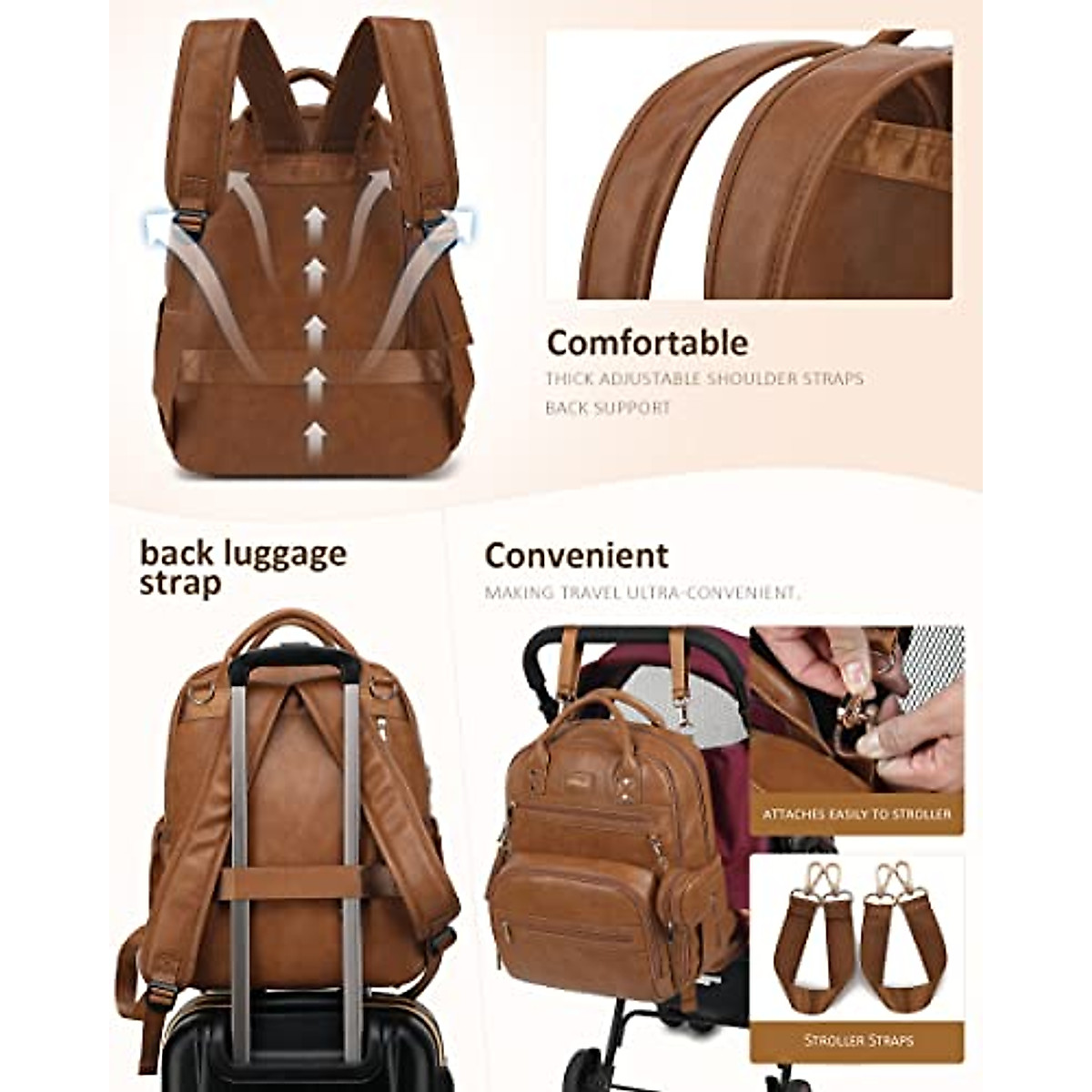 Leather Baby Diaper Bag Backpack with Portable Travel Changing Pad Girl Boy, Large Dad Brown Diaper Bags Pacifier Case Stroller Straps, Baby Registry Search Shower Gifts Stuff Newborn Must Haves