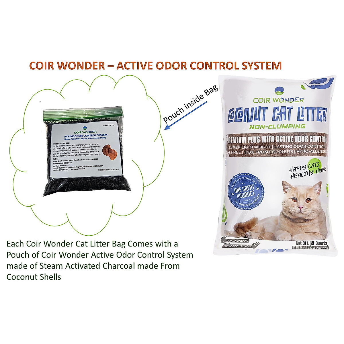 Coir Wonder Coconut Cat Litter – Natural, Non-Clumping Kitty Litter - Ultra Lightweight Bag Lasts Same As 40 Lb Clay – with Activated Charcoal Odor Control – Bedding for Chicken Coop and Small Pets