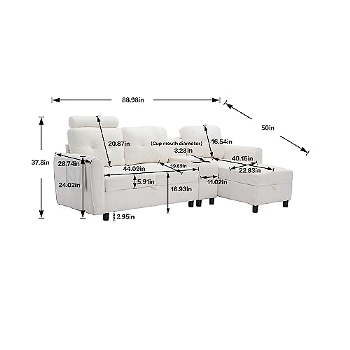 FANYE L-Shaped Corner Sectional Reversible Storage Chaise, Modern Convertible Sofa & Couch W/Headrest and Cupholders for Home Apartment Office Living Room, White Polyester