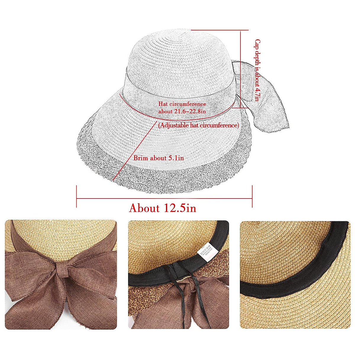 Straw Sun Hats for Women Beach Summer Wide Brim Adjustable Lightweight Foldable/Packable Travel with Uv Upf50 Protection Khaki