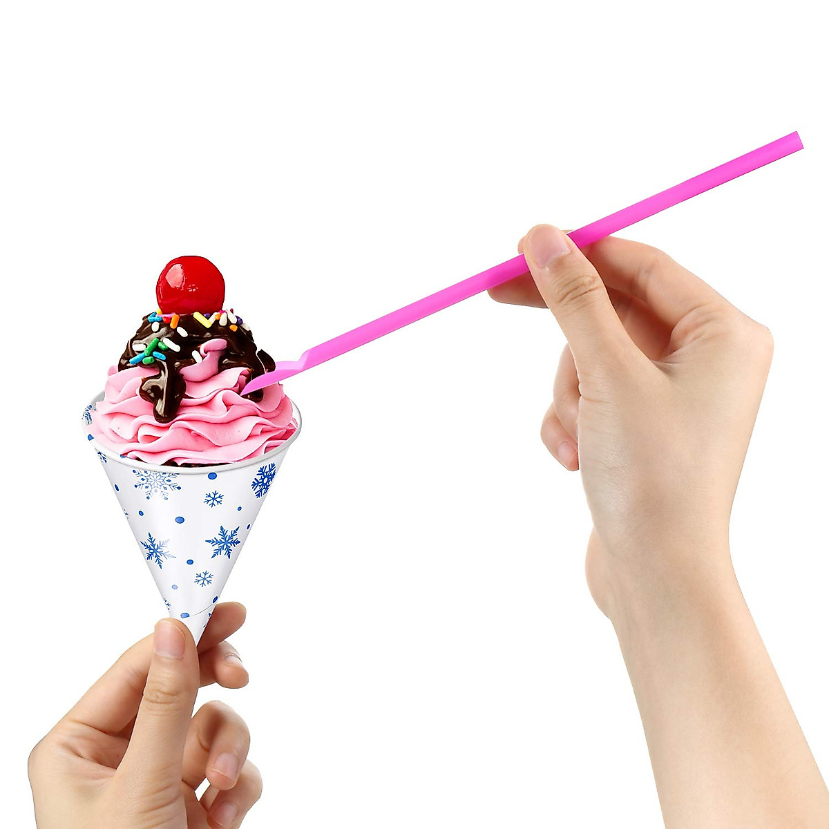 Boao 100 Pieces Snow Cone Cups 4.5 OZ Leakproof Cone Paper Cups Matching 100 Pieces Spoon Straws for Slush Shaved Ice Cream Sorbet Water (Snowflake Style)