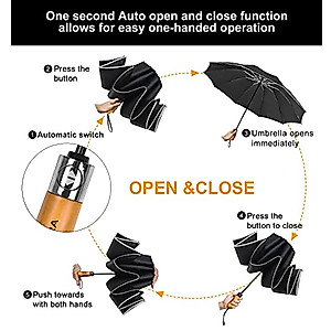 LEAGERA Sun Umbrella UV Protection Compact Windproof Reverse Umbrella for Rain - 54 inch Portable Automatic Open and Close Folding Inverted Car Travel Umbrella with Wooden Handle for Men,Black