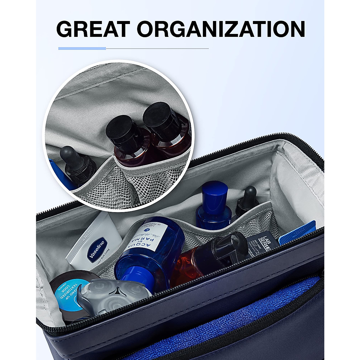 BAGSMART Toiletry Bag for Men, Wide Opening Travel Toiletry Bag for Men, Dopp Kit Water Resistant Shaving Hygiene Bag for Bathroom Shower, Travel Size Toiletries, Travel Essentials - Navy