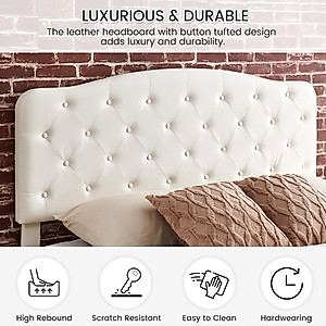IDEALHOUSE Queen Bed Frame with Headboard Adjustable, Leather Platform Bed Upholstered Queen Size, Button Tufted Mattress Foundation, Wooden Slat Support, No Box Spring Needed, White