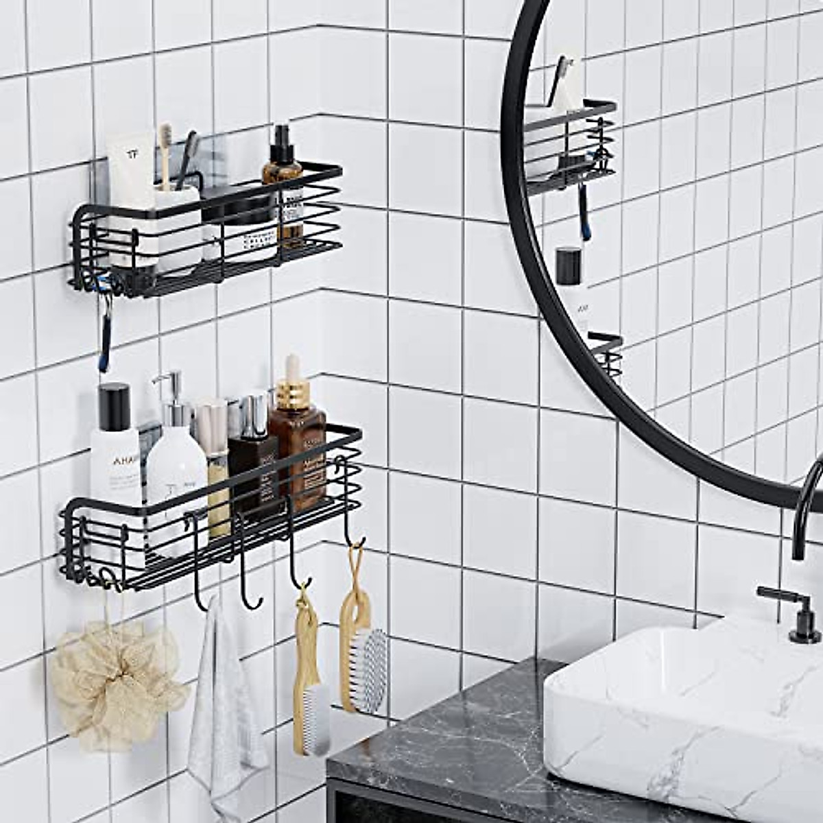 Tindbea Shower Caddy, Adhesive Shower Shelves with 6 Hooks, Bathroom Shower Organizer Racks No Drilling, Rustproof Stainless Steel Shower Storage Shelf for Inside Shower, 2 Pack, Matte Black