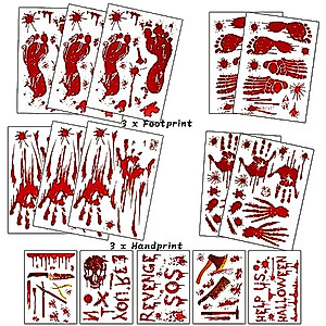 Halloween Decorations 170 PCS Halloween Window Clings, Bloody Handprint Footprint Halloween Wall Decal Floor Clings with Tattoo Stickers, Scary Halloween Decoration Window Stickers