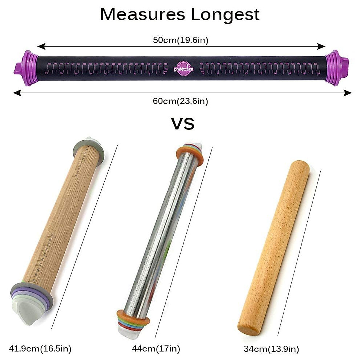PROKITCHEN Silicone Rolling Pin with Thickness Rings, 23.6 inch Large Rolling Pin for Baking Fondant, Dough, Pasta, Cookie, Pizza, Dumpling (Purple Long Rolling Pin)