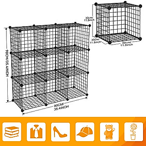 HUBSON Wire Cube Storage Organizer, Book/Toy/Craft/Potted Plants and petCloset Organizers and Storage Shelves, 9-Cube Freely Combinable Metal Grids Storage Shelf,Black Iron