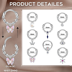 Sanfenly 8PCS Septum Jewelry 16G 316L Stainless Steel Dangle Septum Rings CZ Teardrop Butterfly Daith Earrings Hoop Cartilage Helix Tragus Spetum Nose Piercing Jewelry for Women Men